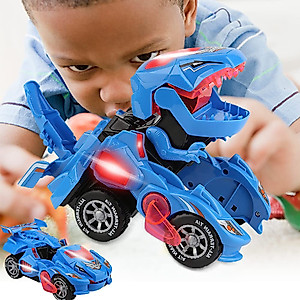 HCPBRS Dinosaur Transformation Car Toy, 2 in 1 Transforming Dinosaur Car Toys with LED Light and Music, Automatic Deformation Dino Race Car Rotate Dinosaur Transform Racing Cars for Kids Gifts (3PCS)