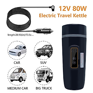 Car Electric Travel Kettle,12V 24V 80W 350ML,LED Touch Control,45°C 60°C 80°C 100°C,304 Stainless Food Grade Steel Liner Car Portable Bottle