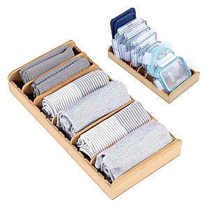 KitchenEdge Bamboo Kitchen Towel and Food-Storage Organizer, Perfect for Kitchen Drawers, Cabinets, Pantry, 5 Adjustable Wall Inserts, Organize & Store Plastic Food Containers