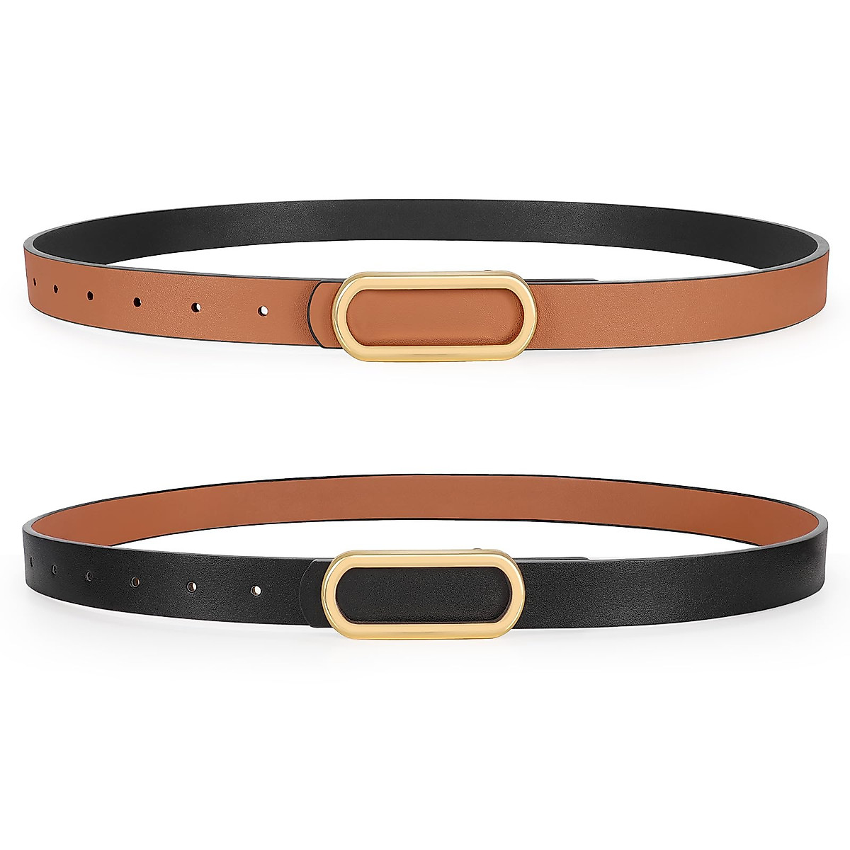 SANSTHS Reversible Belts for Women, Two-in-one Thin Waist Belt Women for Dresses Jeans Coats with Gold Buckle, Black+Brown, M