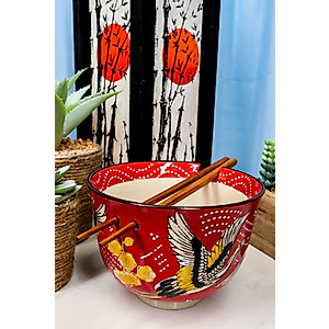 Ebros Gift Red Sky Flying Crane Ramen Udong Noodles 5" Diameter Bowl With Built In Chopsticks Rest and Bamboo Chopstick Set for Dining Soup Rice Meal Cereal Bowls Decor Kitchen Asian Fusion