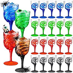 Sliner 24 Pcs Halloween Skeleton Hand Plastic Goblets 12 oz Spooky Skeleton Hand Goblets Halloween Wine Glasses Champagne Glassware Creepy Clear Cups for Halloween Party Haunted House, 4 Color