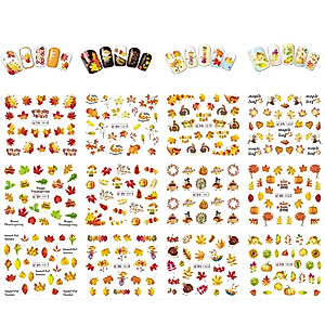 Fall Nail Art Stickers Thanksgiving Nail Decals Maple Leaf Turkey Water Transfer Nail Sticker Autumn Design Nail Art Supplies Acrylic Nail Accessories for Women Girls Thanksgiving Day Nail Decoration