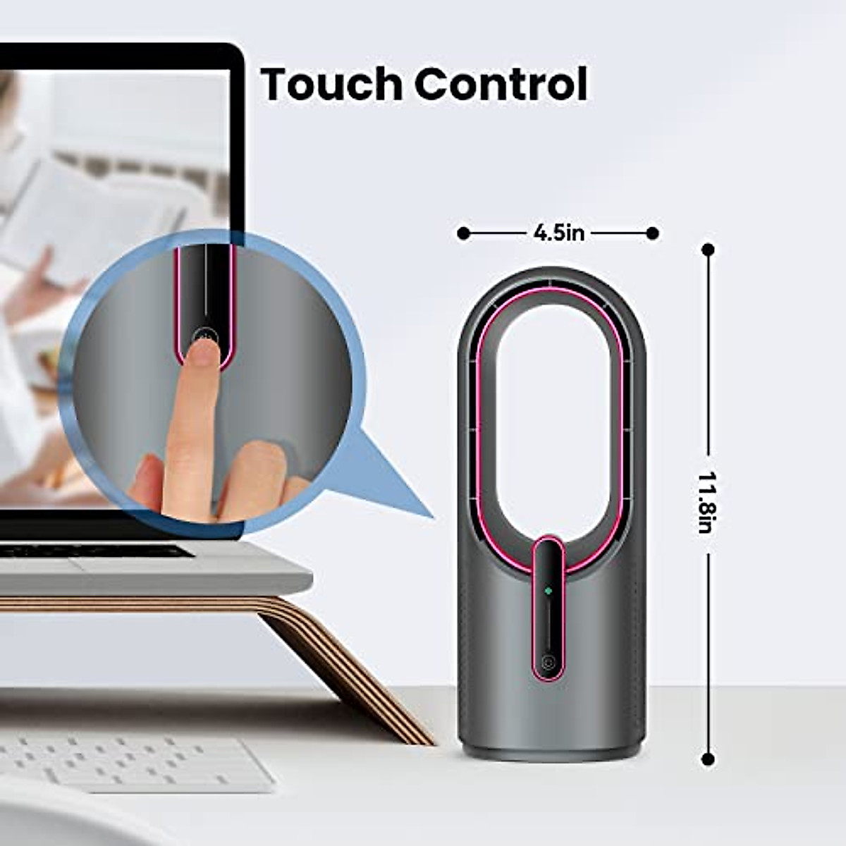 KONSIDEN Desk Fan Bladeless, 11.8 Inch Office Fan Small, Quiet, 3 Speed Adjustment, Touch Control, Easy to Clean, Desk Fans Small Quiet, Ideal for Office, Living Room, Bedroom