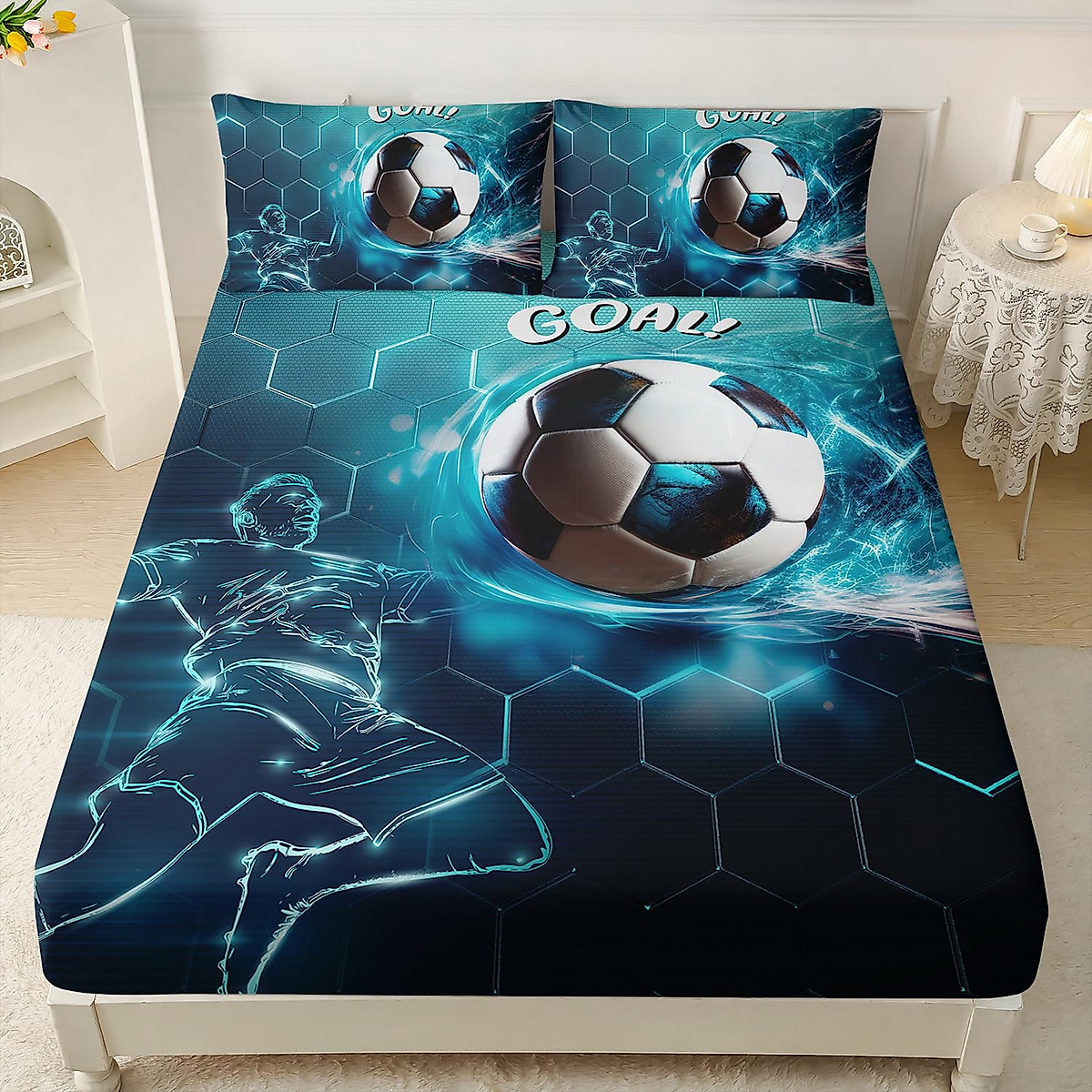 AILONEN Boys Soccer Printed Fitted Sheet Set Queen Size,Football Player Blue Bed Sheet Set,Sports Fitted Sheet with 2 Pillowcases,3 Piece Speed Soccer Bedding Set for Kids Teens Men