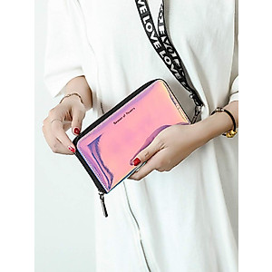 Marchome Holographic Clutch Wallet Iridescent Cellphone Handbag with Removable Lanyard (Blue, One Neck Lanyard)