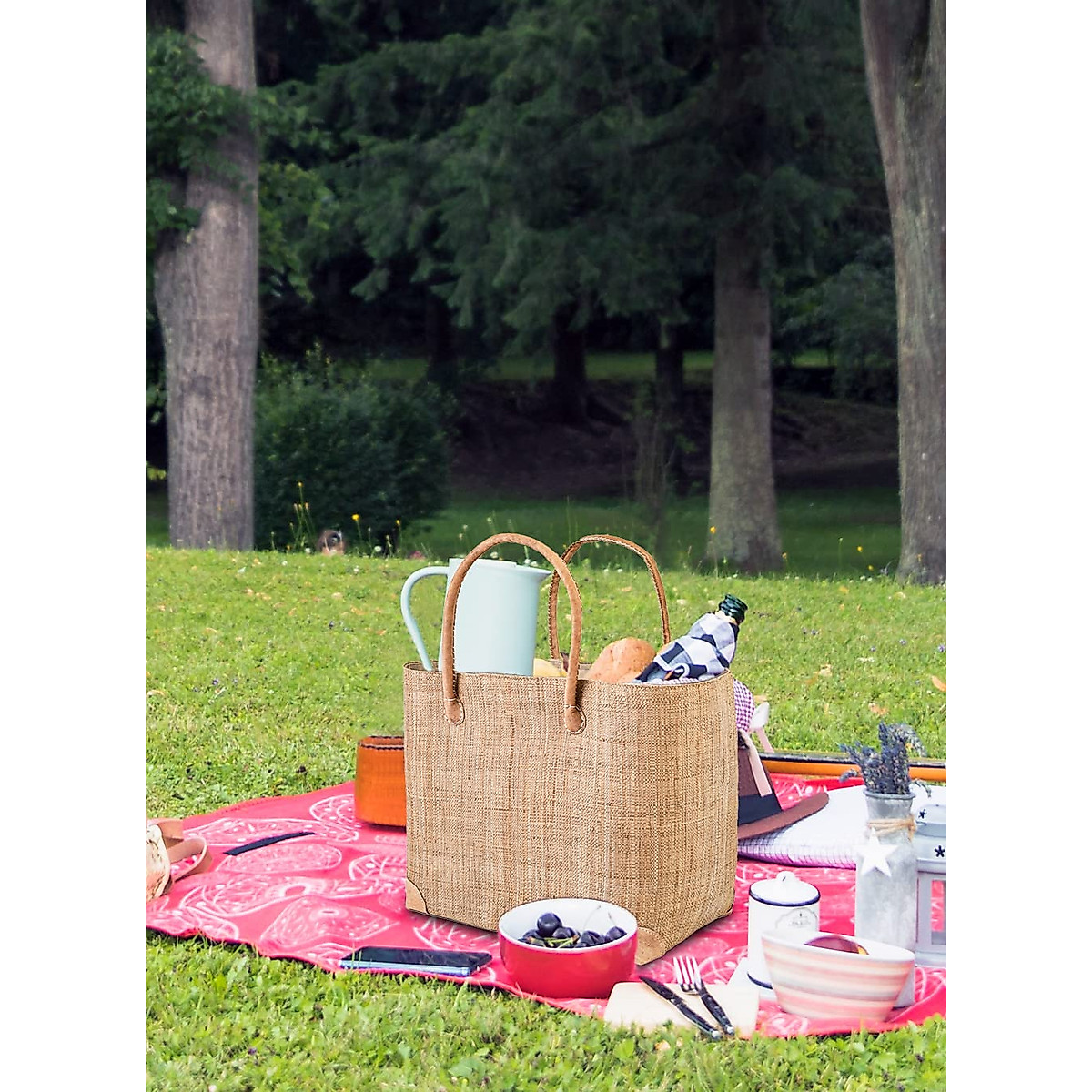 Serene Spaces Living Handmade Bohemian Raffia Tote Bag with Braid Handles, Beach Raffia Tote Bag, Summer Travel Handbag, Madagascar Fashion Tote for Women, Measures 13.5" Long, 6" Wide & 21.5" Tall