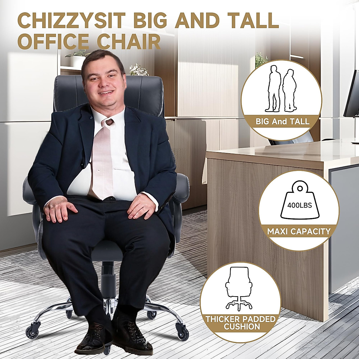 chizzysit Big and Tall Office Chair, Ergonomic Office Chair with Quiet Wheels Heavy Duty Metal Base, Computer Desk Chair 400lbs, Leather Office Chair with 2 Point Massage, Executive Office Chair
