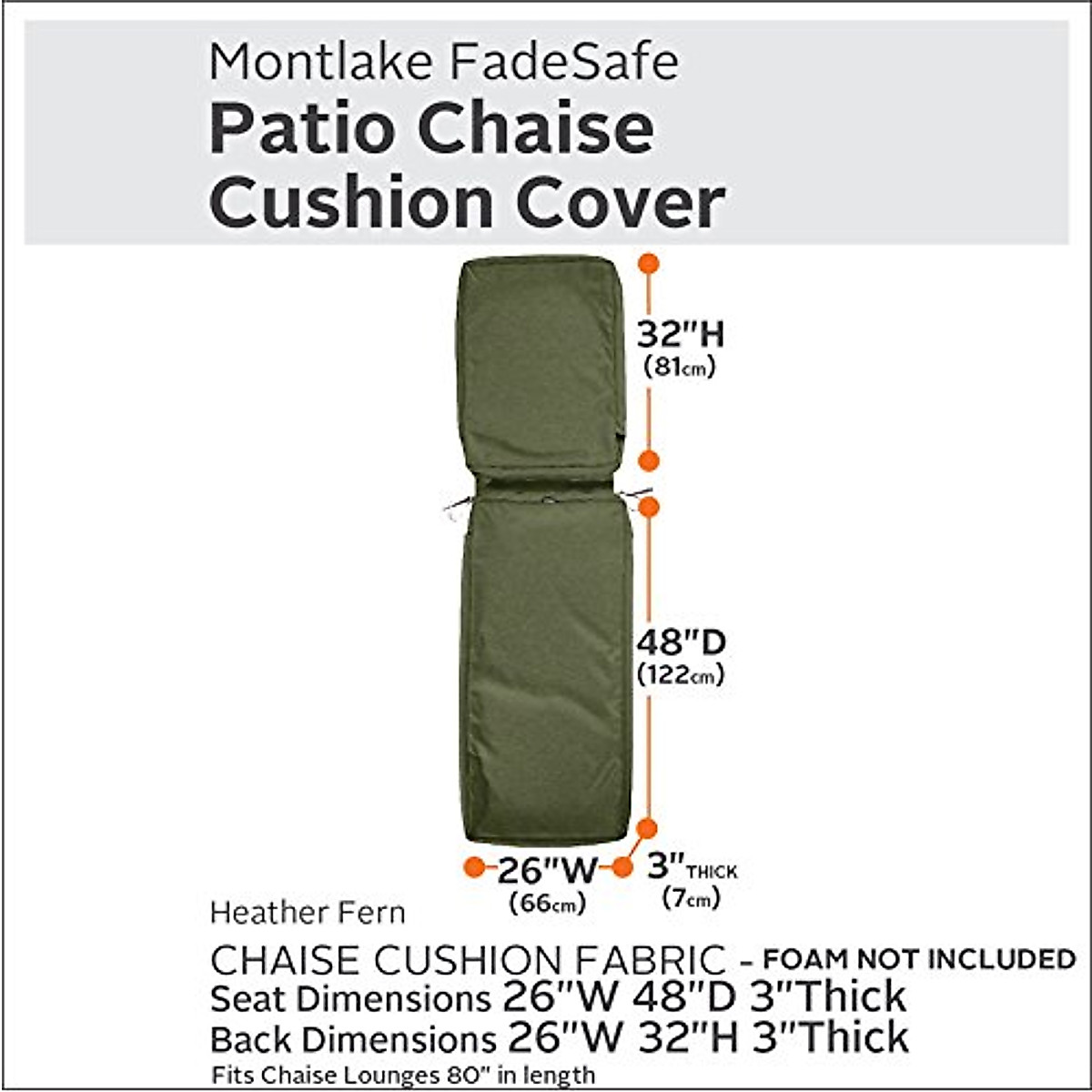 Classic Accessories Montlake FadeSafe Water-Resistant 80 x 26 x 3 Inch Outdoor Chaise Lounge Cushion Slip Cover, Patio Furniture Cushion Cover, Heather Fern Green, Patio Furniture Cushion Covers