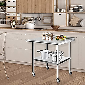 MYOYAY Commercial Stainless Steel Table with Caster Wheels 36"x24" Kitchen Worktables with Backsplashs Prep Food Workbench Under Shelf 330~550lbs Capacity for Restaurant