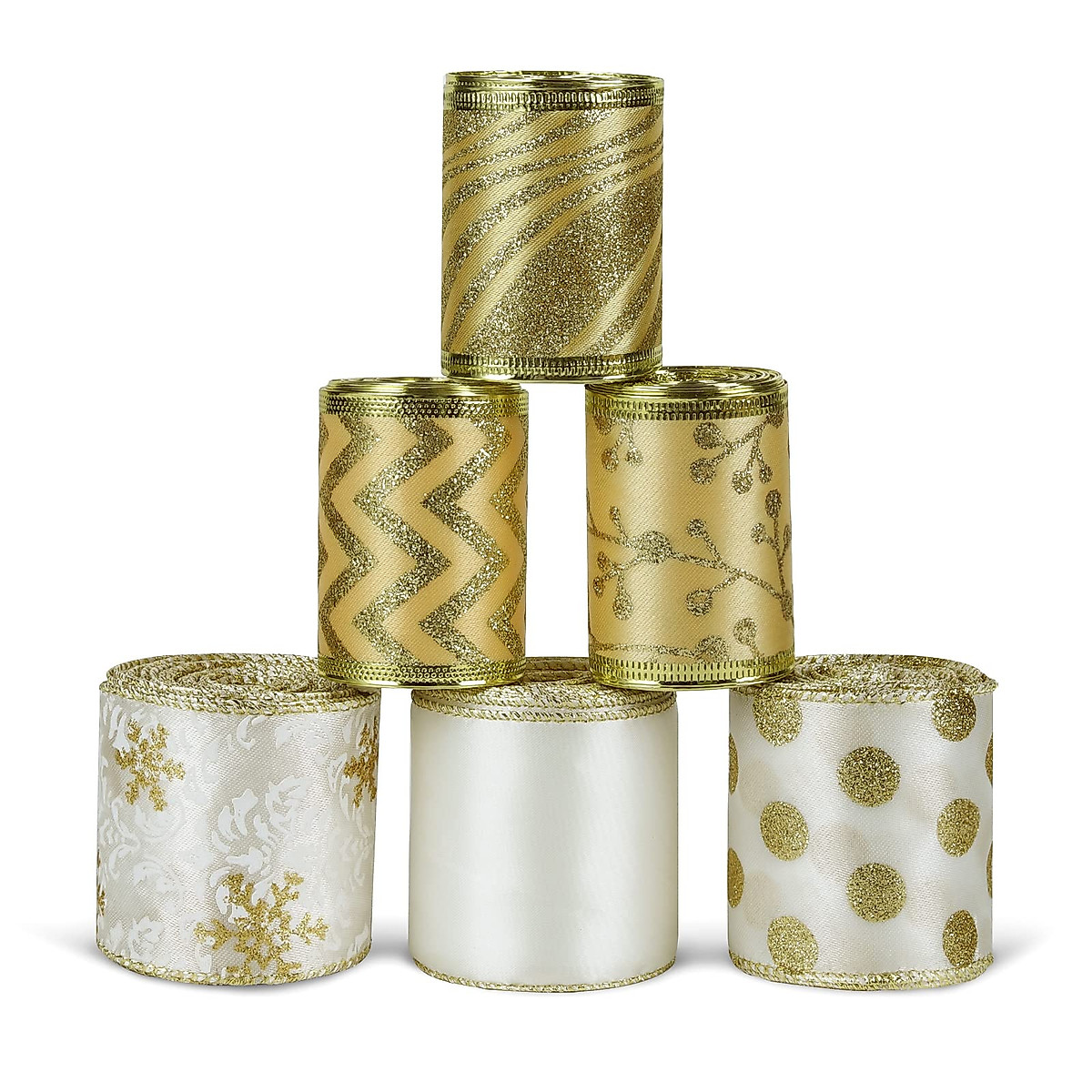 Arquiel 6 Rolls Christmas Ribbon Wired, 2.5" x 6 Yards Gold Ribbons Ornaments with Glitter for Xmas Tree Gift Wrapping Bow Decoration, White & Gold Ribbons