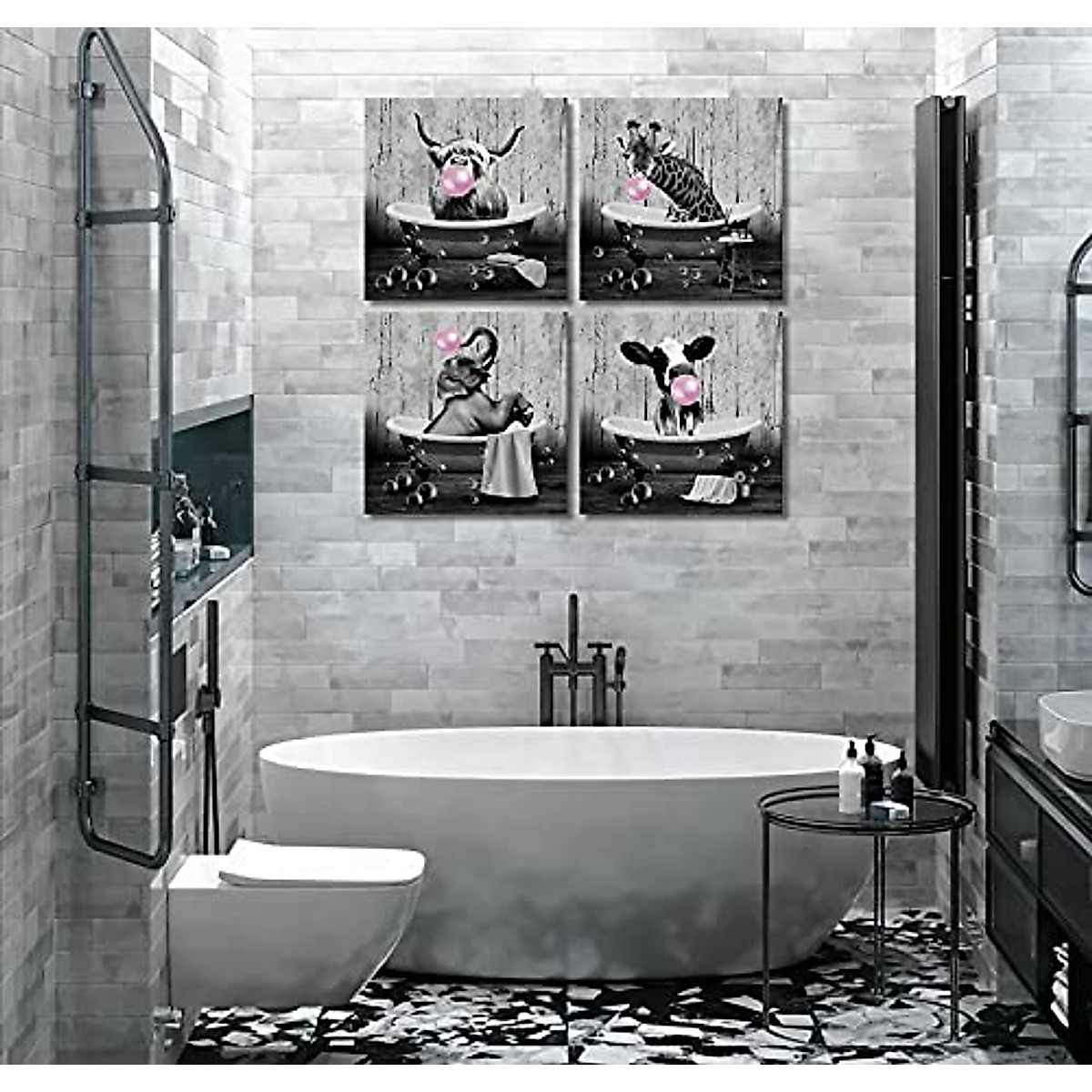 KALAWA Bathroom Pictures Wall Decor Set of 4 Funny Animal Black and White Bathroom Decor Wall Art Pink Bubble Canvas Wall Art Highland Cow Giraffe Elephant Cows Home Decor Framed Ready to Hang 12x12