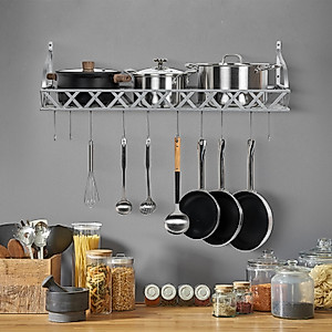 MyGift Wall Mounted Black Metal Kitchen Pots and Pans Storage Rack with Display Shelf Includes 12 Removable S Hooks