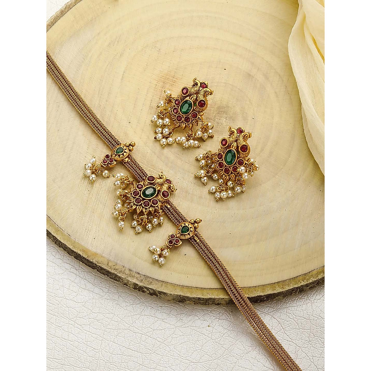 Priyaasi Indian Choker Jewelry Set for Women | Festive Kemp Stone Jewellery | Peacock-Inspired Design | Gold-Plated | Brass Metal | Pearl Drop | Indian Bridal Jewelry Set for Wedding