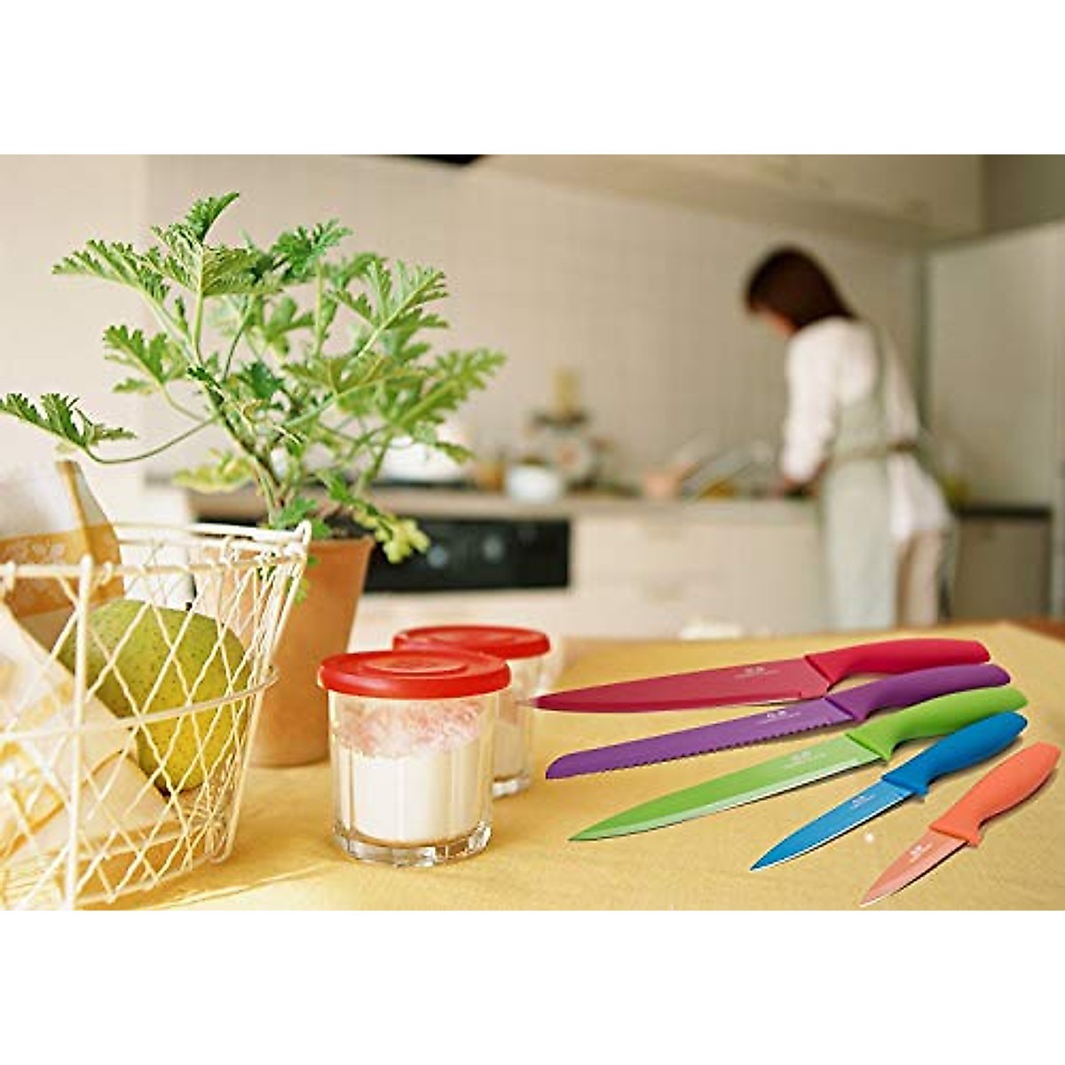 G.a HOMEFAVOR Knife Set, 5-piece Colored Knife Set Nonstick Coated with 5 Knife Sheath Covers