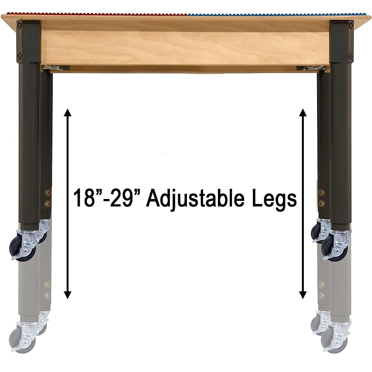 Wood Designs Time-2-Play Montessori Play Table, Reactangular Birch Plywood Red & Blue Lego Compatible Building Blocks Table Built-in Storage with Wheels for Kids [18”-29” Adjustable Legs]