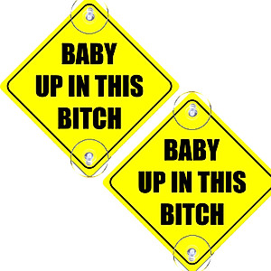 2PCS Baby Up in This B Car with Suction Cups, 5"x5" Reusable Baby on Board Sticker, Baby Safety Warning Decal for Cars
