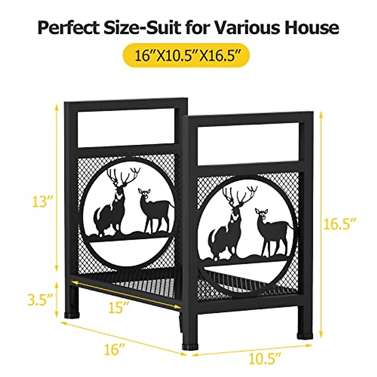 Timechee Firewood Log Rack Holder, Wrought Iron Fireplace Bin Log Rack with Adjustable Foot Pads, Heavy Duty Log Carrier Rack Storage Bin for Firepit Stove Indoor (Deer)