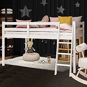 Bonnlo Low Loft Bed Full Size with Inclined Stairs, Junior Loft Bed with High Guard Rail for Kids/Young Teens/Adults, Solid Wood Low Bunk Bed Full Size White, 2 Center Beams, No Box Spring Required