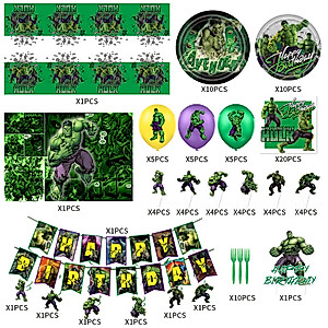 Hulk Birthday Party Supplies, Hulk Birthday Packs Include Happy Birthday Banner, Hanging Swirl, Backdrop, Cake & Cupcake Topper, Balloon, Plates, Napkins, Tablecloth, Superhero Birthday Party For Kids