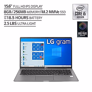 LG Gram 15Z90N-Laptop 15.6" IPS Ultra-Lightweight, (1920 x 1080), 10th Gen Intel Core i5 , 8GB-RAM, 256GB SSD, Windows 10 Home, USB-C, HDMI, -Headphone Input - Silver