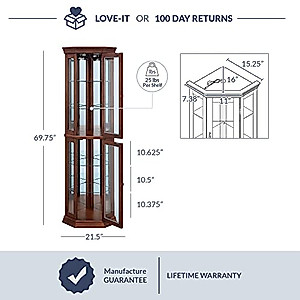 BELLEZE Lighted Wooden Corner Display Curio Cabinet, Two Section Shelving Unit with Tempered Glass Door, Bar and Liquor Storage Area with 6 Shelves - Lorona (Walnut)