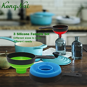 KongNai Canning Funnel for Wide and Regular Jars，Wide Mouth Funnel Sets of 3, Extra Large Funnel for Mason Jar, Food Grade Collapsible Silicone Funnel for Transfer Jam, Juice, Spices, Powder and Oil