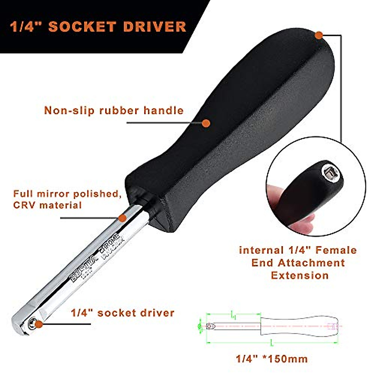 1/4" Drive Spinner Handle - 1/4" Socket Driver Handle Standard with internal 1/4" Female End Attachment Extension （150MM）