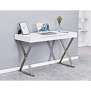 Best Master Furniture Barry Mid-Century High Gloss Home Office Desk with Gold Trim Frame, Silver