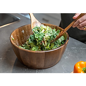E&WES CO Large Solid Wood Salad Bowl Set 12-Inch Diameter With Wooden Utensils Spoon And Fork - Bowls Great For Mixing