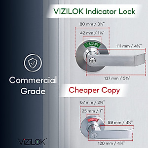 VIZILOK Privacy Indicator Lock and Lever C3FK, Large in-USE or Vacant Indicator, Durable ANSI GRADE2 comp, Perfect for Public restrooms Including Restaurants, Hospitals, Medical Offices. Satin Chrome