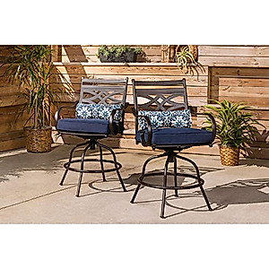 Hanover 5-Piece High Navy Blue Montclair Weather Outdoor Counter-Height Patio Dining Set, 4 Cushioned Swivel Chairs and 33" Square Stamped Rectangle Table