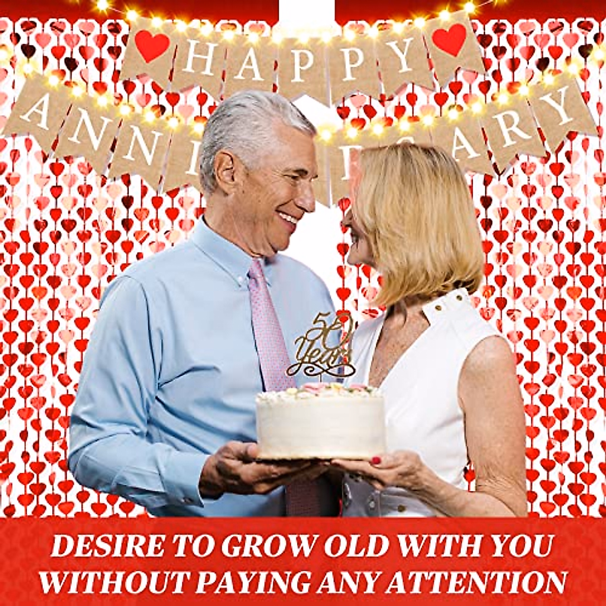 Breling 6 Pieces Burlap Happy Anniversary Banner Party Bunting Garland Decorations Wedding Decoration Supplies Hanging Red Heart Streamer with LED Lights, M