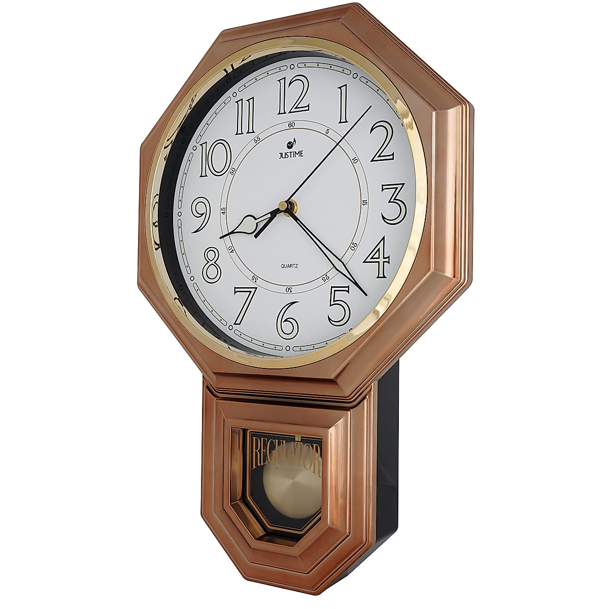 JUSTIME Traditional Schoolhouse Pendulum Luminous Wall Clock Chimes Hourly with Westminster Melody Made in Taiwan, 4AA Batteries Included (PP0262-L Vintage Bronze)