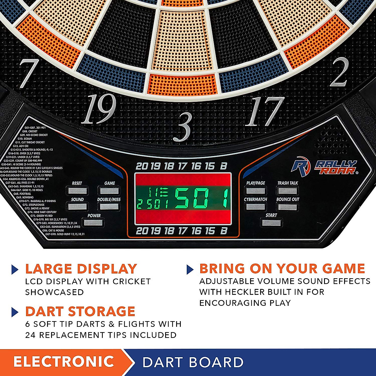 Rally and Roar 15.5" Electronic Dartboard w/Built in Scorer, 20 Game Modes and 6 Soft Tip Darts