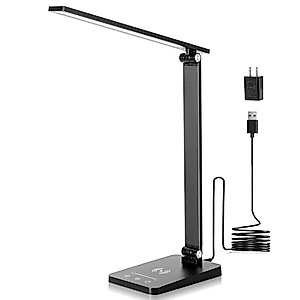 LED Desk Lamp for Home Office, 3 Levels Dimmable Desk Light with USB Charging Port, Small Study Lamp, Reading Light for Table, Deep Black, 5000K