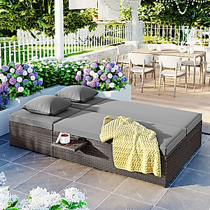 Outdoor PE Rattan Daybed Double Reclining Chairs with Adjustable Backrest and Cup Tray, All Weather Patio Sunbed Lounge Chair Conversations Sofa with Thick Cushions and Pillows for 2 Person (Gray-D)