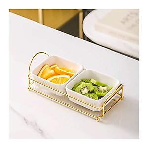 HEXEH Salad Plate Porcelain Ice Cream Bowls, White Bowls for Kitchen, Square Serving Bowls for Appetizers Dessert Salads Fruits with Metal Tray. Plastic Plate (Color : Brass)