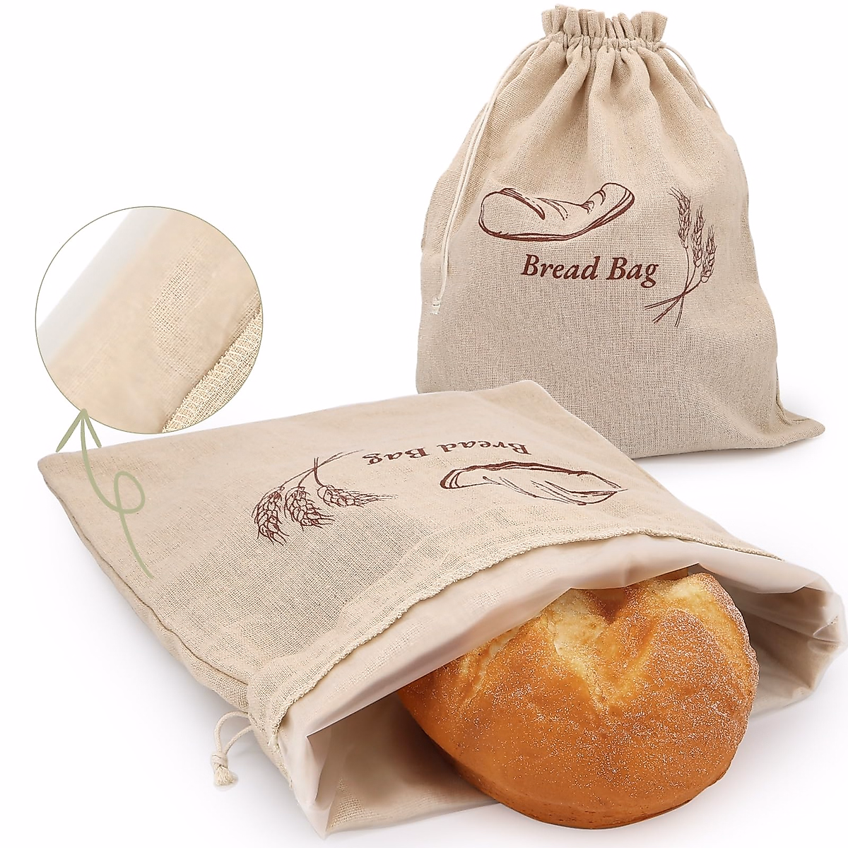 QUYANGCHIFENG 2Pcs Linen Reusable Bags for Homemade Sourdough Bread, Durable Bread Storage Keeper with Plastic Inner Lining, Gifts for Home Bakers - 12"x15"