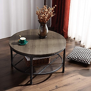 Bonnlo Circle Coffee Table, 31.5" Small Round Coffee Table Industrial Coffee Table Round Farmhouse Coffee Table in 2-Tier, Coffee Table with Storage Wire Coffee Table Lobby Coffee Table, Rustic