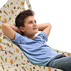 Lunarable Autumn Lounger Chair Bag, Fall Themed Scattered Various Minimalist Leaves Randomly Arranged, High Capacity Storage with Handle Container, Lounger Size, Pale Mustard and Multicolor