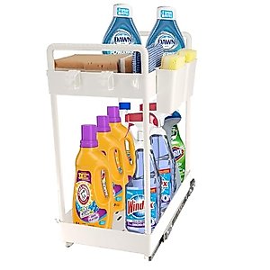 Keiasau Under Sink Organizer and Storage Shelf Pull Out Bathroom Undersink Cabinet Organization Rack with 2 Tier Drawer Baskets for Home Pantry Counter Vanity Countertop Organizing Containers White