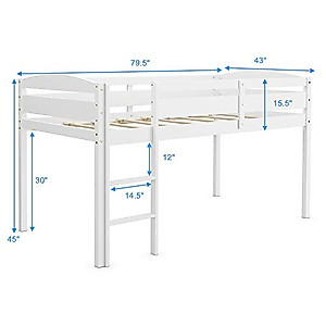 Costzon Twin Loft Bed, Solid Wood Low Loft Bed w/Guard Rail and Ladder, Boys & Girls Twin Bed for Kids Room, No Box Spring Needed, Classic Children Low Loft Bed with Storage for Bedroom, White
