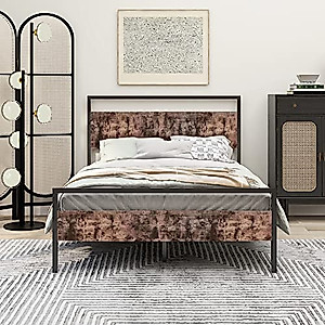 alazyhome Modern Industrial Full Size Bed Frame Metal Platform with Rustic Wooden Headboard and Footboard, No Box Spring Needed, Noise Free, Easy Assembly Black