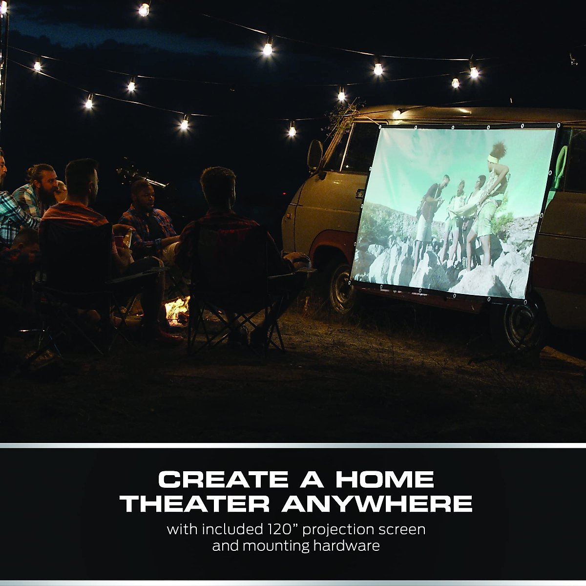 Monster Vision 1080P Image Stream Projector and 120” Portable Screen, 2500 Lumens, Universal Video/Audio/Photo Format Support, Wireless Device Mirroring, Stream Videos/Photos from Android/iOS Devices