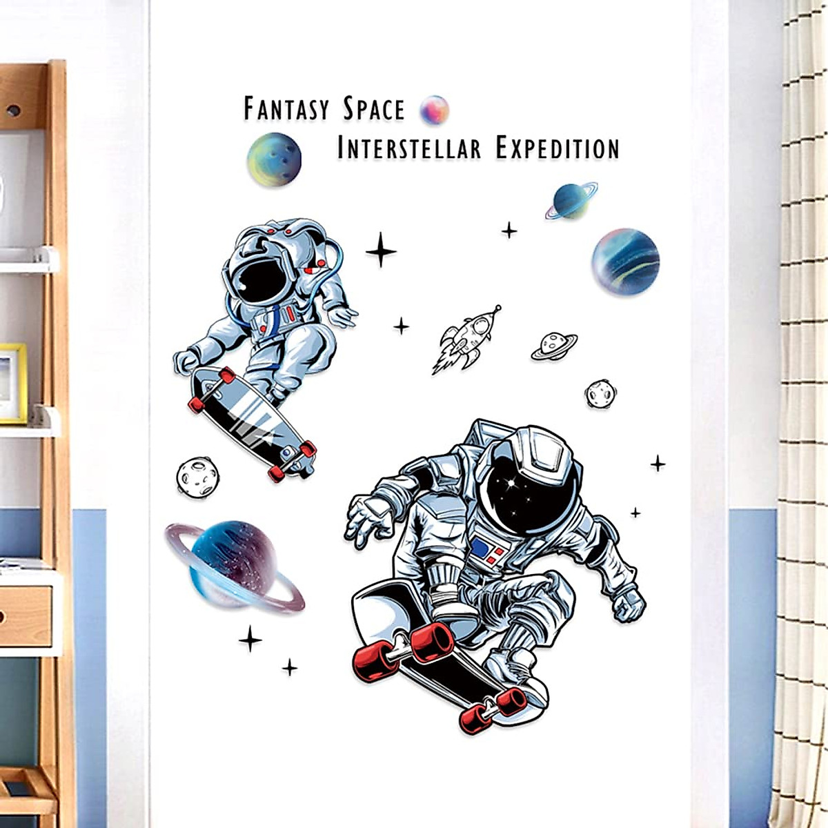 VJSTALS DIY Cartoon Astronaut Wall Sticker Fantasy Interstellar Expedition Skateboard Outer Spaceman Wall Decals for Boys Girls Kids Room Playroom Decoration, 11.8 inches x35.4 inches