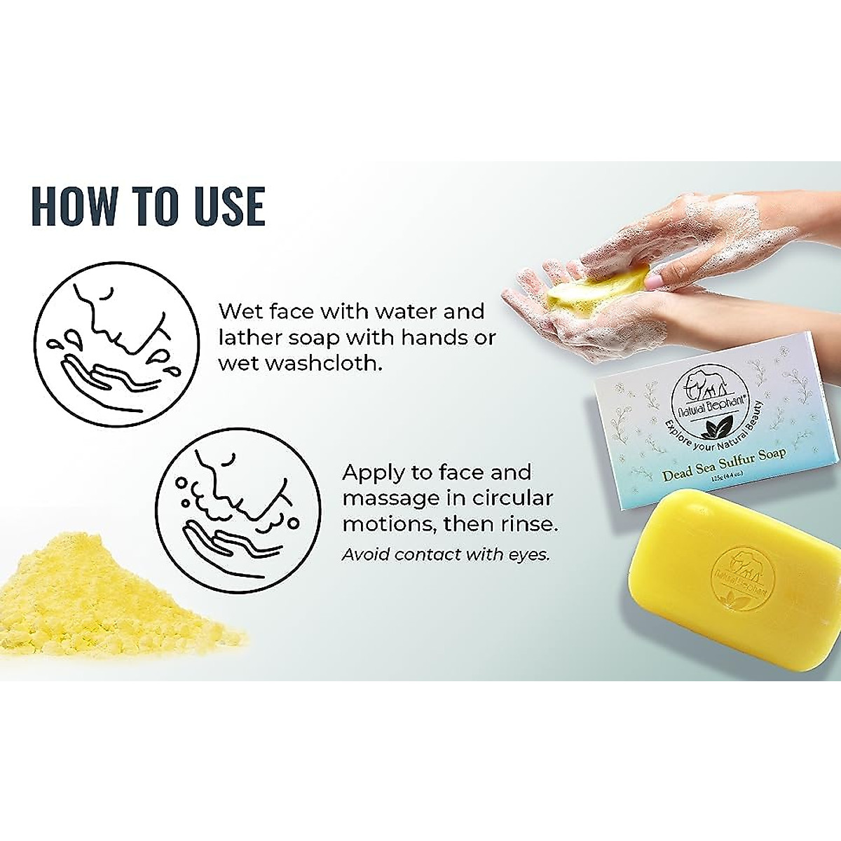 Natural Elephant Dead Sea Sulfur Soap 4.4 oz with Dead Sea Salt, Aloe Vera, Sulphur Face and Body Cleanser Bar for All Skin Types (3 Pack (13.2 oz Total))