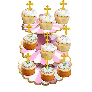 BRTOPMY 3 Tier Cupcake Stand with Candyland Lollipop Cupcake Stand Tower Stand for Weddings Baby Showers Birthday Parties Thanksgiving Cupcake Party Decorations Pink