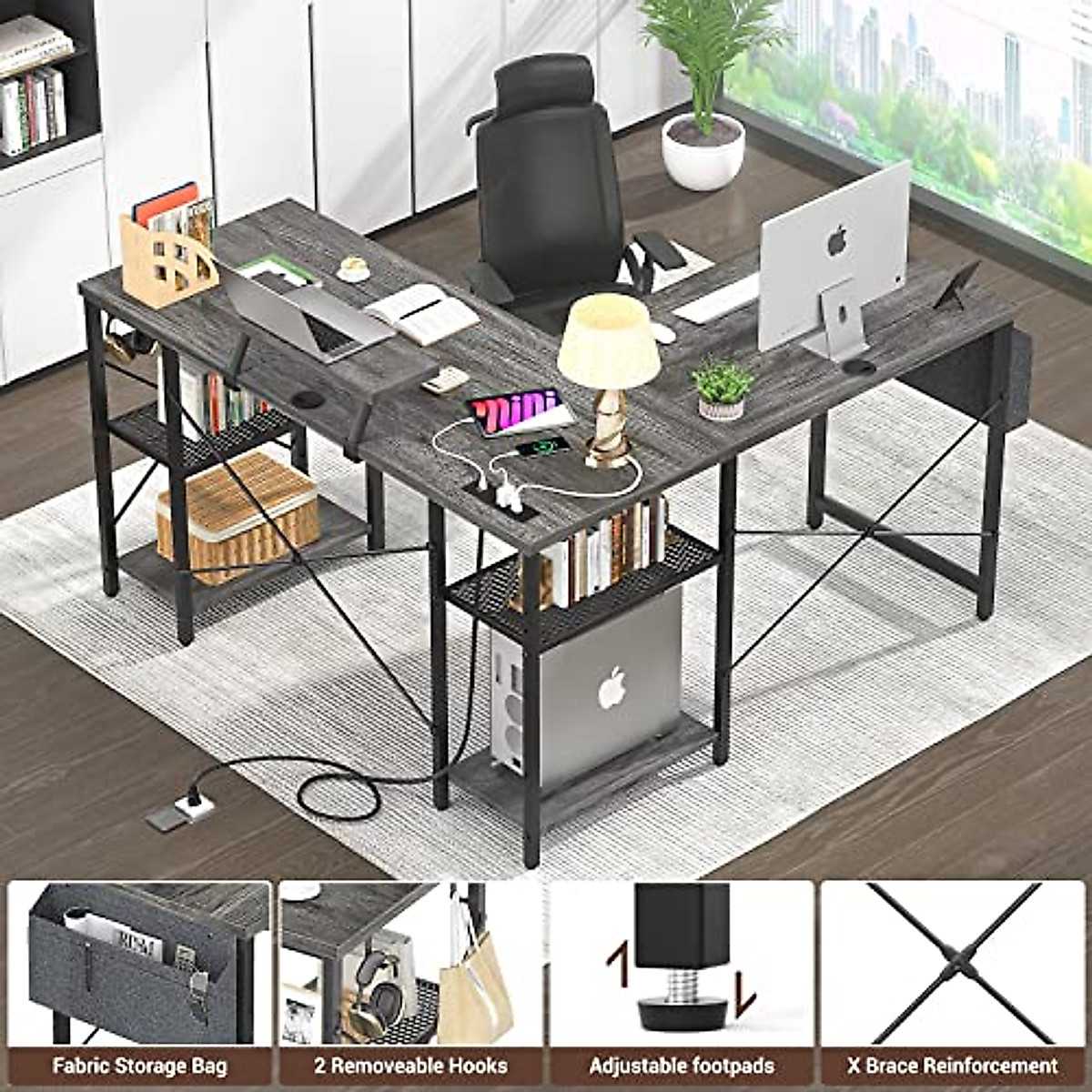 Aheaplus L Shaped Desk with Outlet and USB Charging Ports, L-Shaped Desk with Storage Shelves Reversible Corner Computer Desk 2 Person Long Table with Monitor Stand Gaming Home Office Desk, Oak