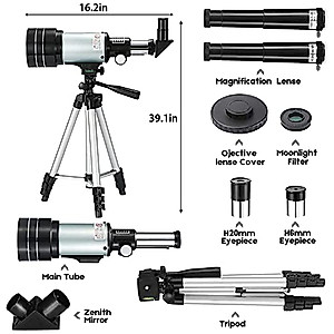 Telescope for Beginners and Kids with Tripod Moon Filter,Adult Professional 70mm Aperture 300mm Refracting Telescopes,Astronomy Gifts for Kids - Travel Telescope